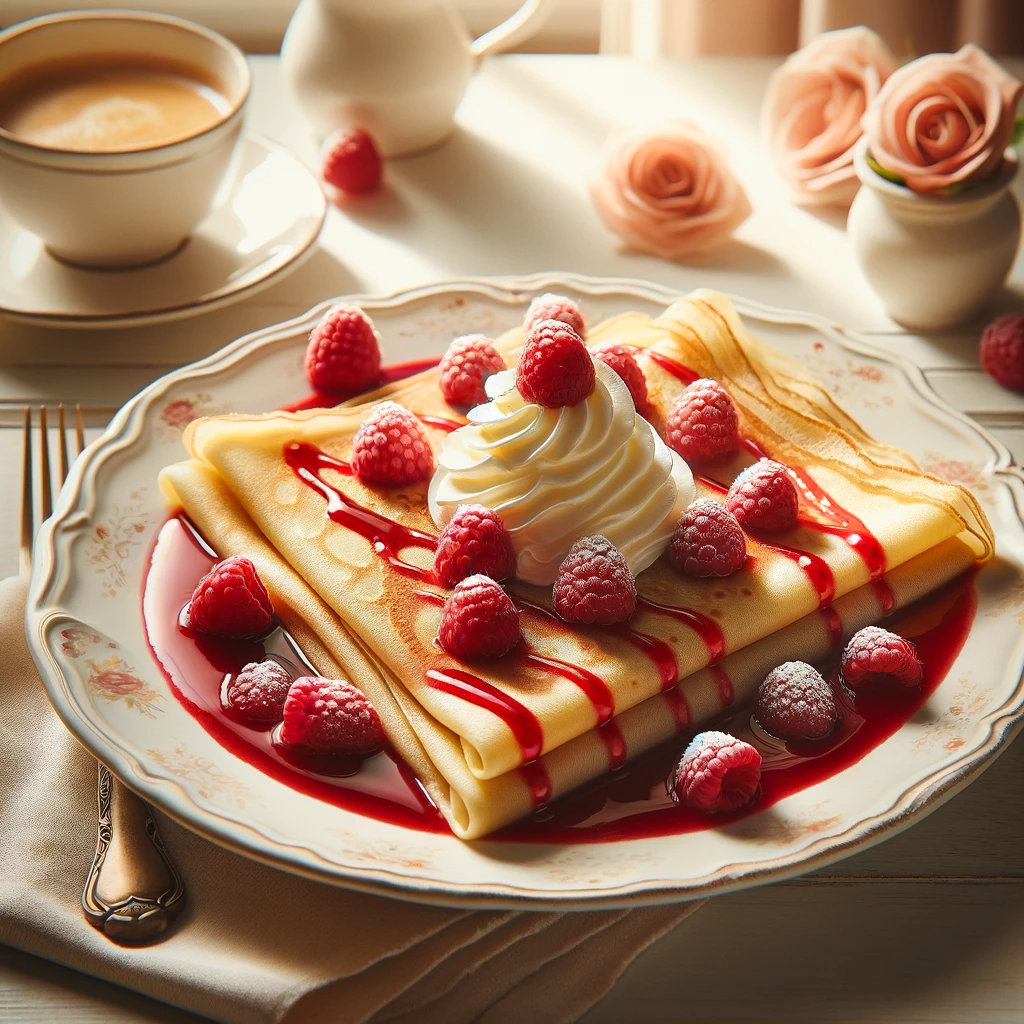 Crepes with Raspberry Sauce and Whipped Cream - Elegant dessert ...